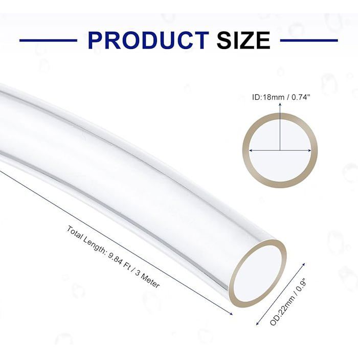 Tuyau PVC transparent 3 m, 18 mm ID/22 mm OD, pour pompes eau ou ...
