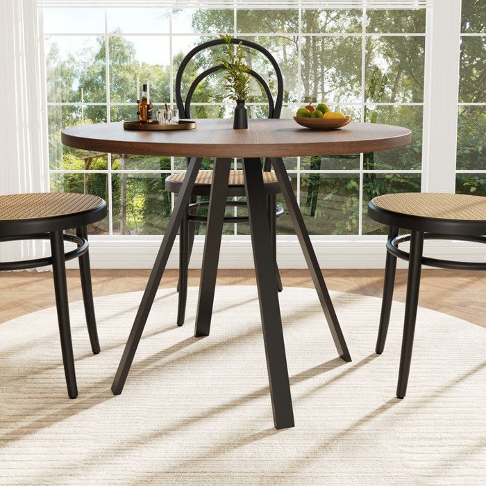 Table ronde - Noyer - 80x80 cm - 4 personnes - Pieds en métal noir ...