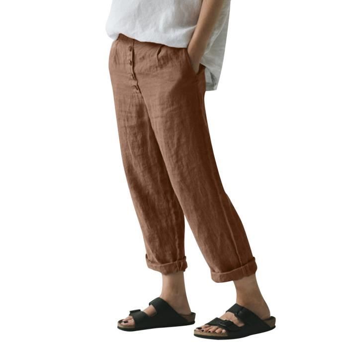 Pantalon décontracté en lin en coton solide pour femme Pantalon à jambe large et ample m3324 ...