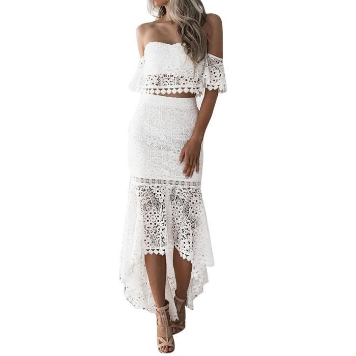 Femme Jupe Dos Nu Crochet de dentelle Ensemble de Jupe Deux pièces Caraco Crop Top Volant ...