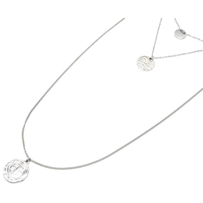 CC2551F - Collier Triple Fine Chaîne avec Médailles Martelée et Fleur ...