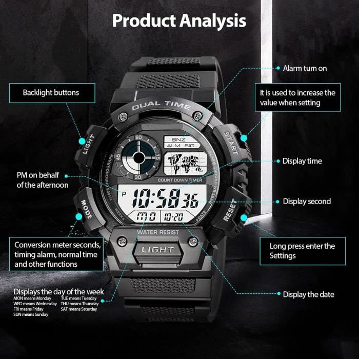 Montre Digitale Homme Sport, Montre Digitale Outdoor Sport 5 Atm ...