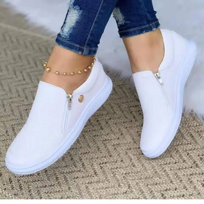 Chaussures dames - cuir - fermeture éclair - fond plat -PU- blanc ...