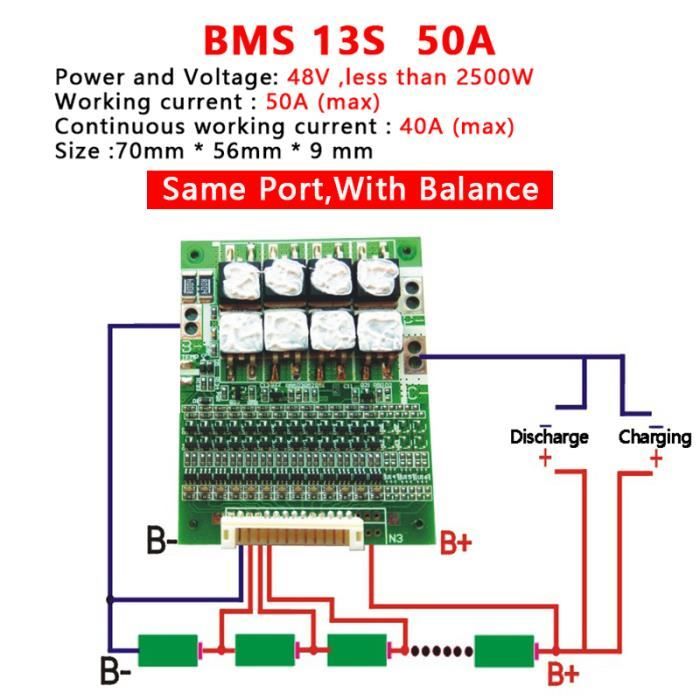 13S 50A-Bms 13s 60a 48v Bms Avec Balance 18650 Li-ion Lithium Battery Pack Protection Equalizer ...