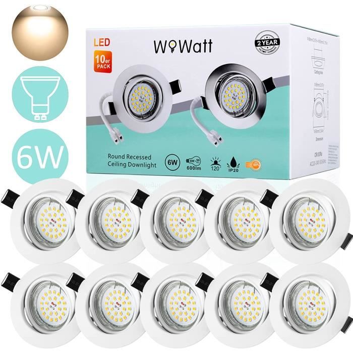 Lot de 10 Spots Led Encastrable Dimmable IP44, Blanc Chaud 3000K Extra Plat 26mm, 220V 6W 600LM ...