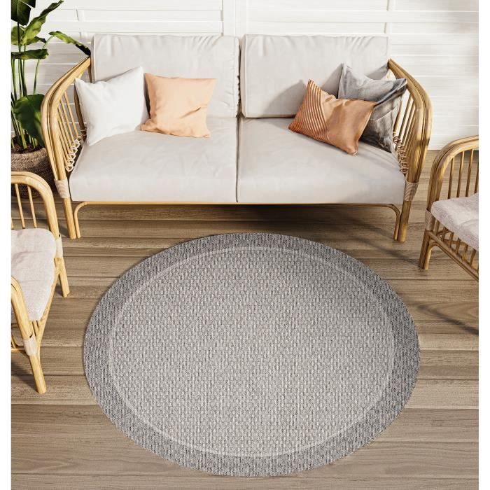 TAPISO Tapis Rond Extérieur Intérieur Tissé à Plat ARRUBA Gris Crème ...