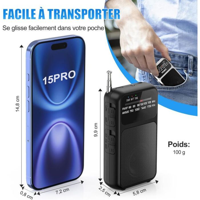 Mini radio FM portable avec batterie rechargeable de 800 mAh, radio FM ...