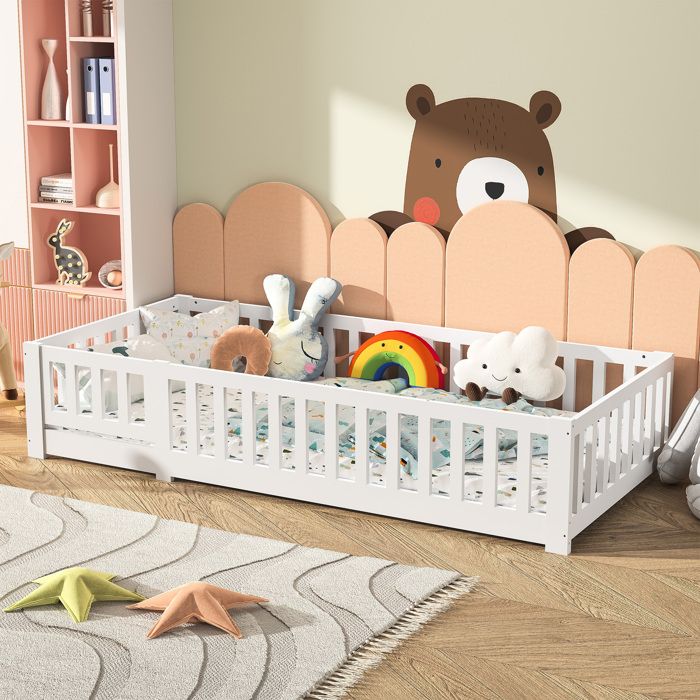 Lit Enfant 90x200 - Lit au Sol Enfant avec Barrières de Sécurité - Bois ...