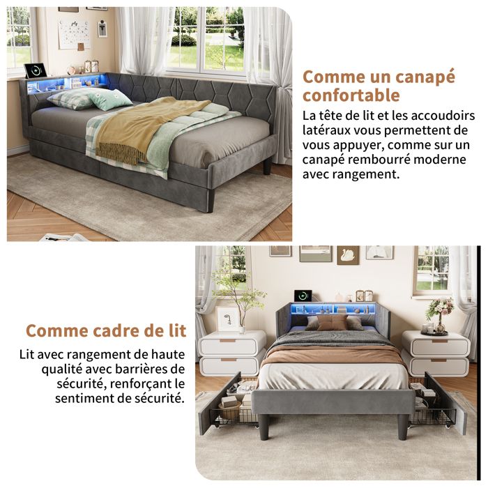 Canapé lit 90x200 cm avec LED et prise USB, Lit simple avec 2 tiroirs ...