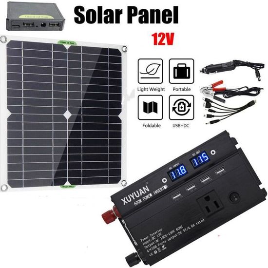 Convertisseur 12V / 24V à 110v / 600W avec Kit de Panneau Solaire, Chargeur de Batterie Kit avec ...