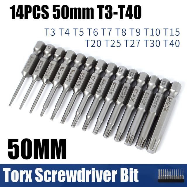 VISSEUSE - DEVISSEUSE,14PCS 50mm T3-T40--Jeu'embouts de tournevis Torx 100, 50-75-150-T3 T40 mm ...