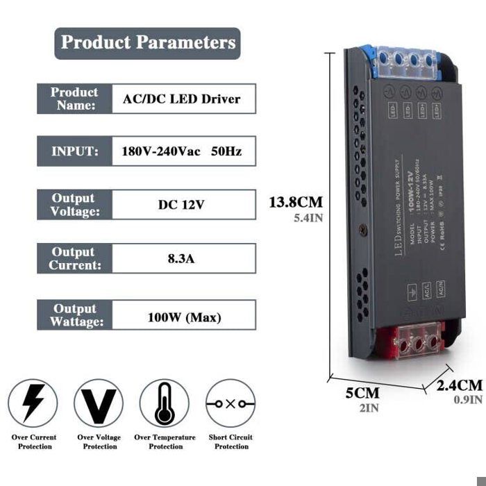 Transformateur 220V 12V LED Driver 100W - Transfo 8,3A Adaptateur ...