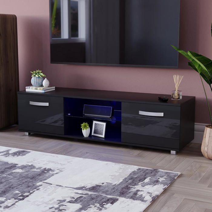Cosmo TV LED 2 Portes Moderne Brillant MDF Salon Media Meuble RGB Noir ...