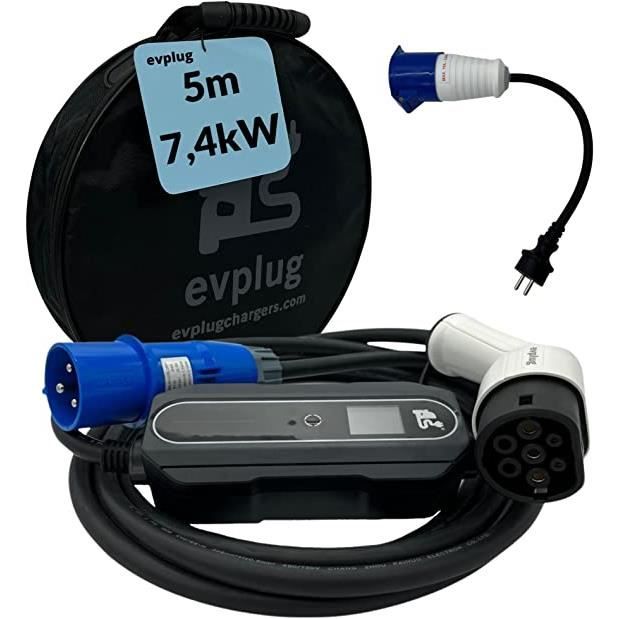 Evplug Chargeur EV Portable Voiture Electrique (Type 2 | 5m | + Adaptateur, 7,4kW | 32A ...