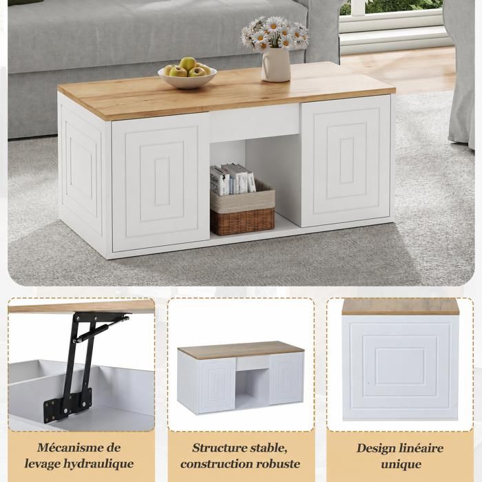 Table Basse Relevable Hydraulique 95x46x45-59 cm, Table de Salon Bureau ...