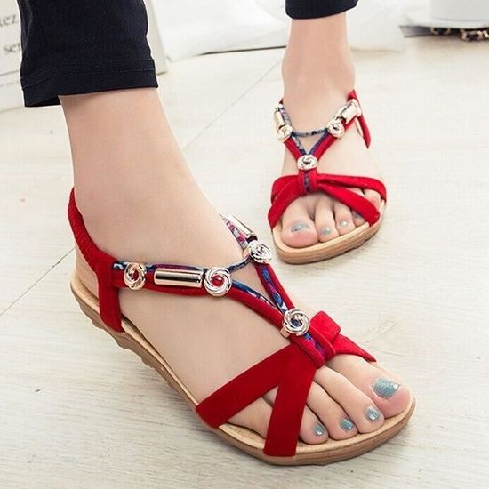 Sandales plates femme Sandales bohème Chaussures de plage - Rouge Rouge ...