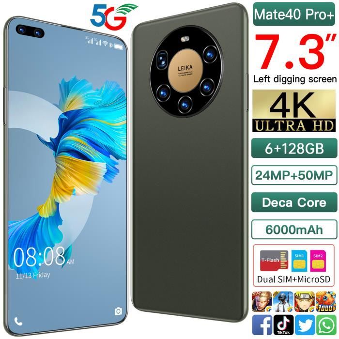 Mate40 Pro 6Go 128Go 5camera Version mondiale Smartphone Snapdragon Octa Core Quad caméra 7.3 ...