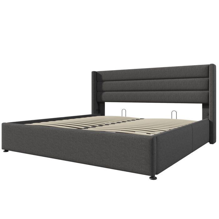 OKWISH Lit coffre en lin gris 140x200 cm, lit adulte avec rangement ...