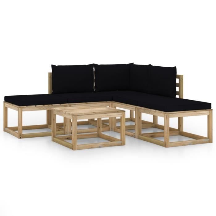 Salon de jardin 6 pcs avec coussins noir-SALALIS-SP1681 - Cdiscount Jardin