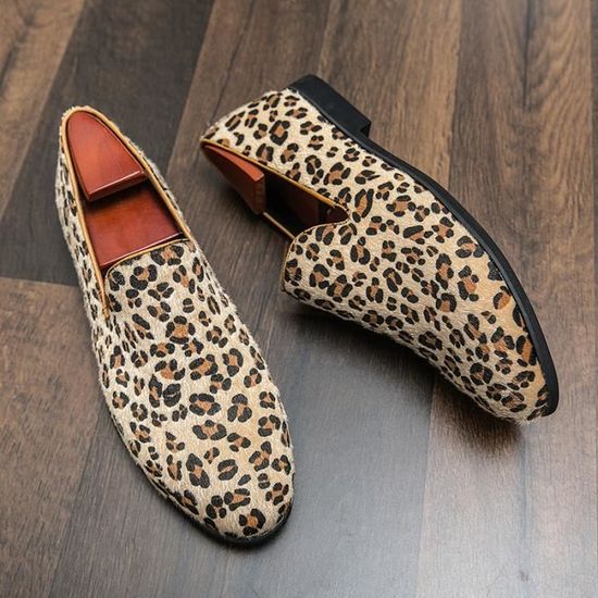 Mocassins à enfiler en daim imprimé léopard pour homme, chaussures de ...