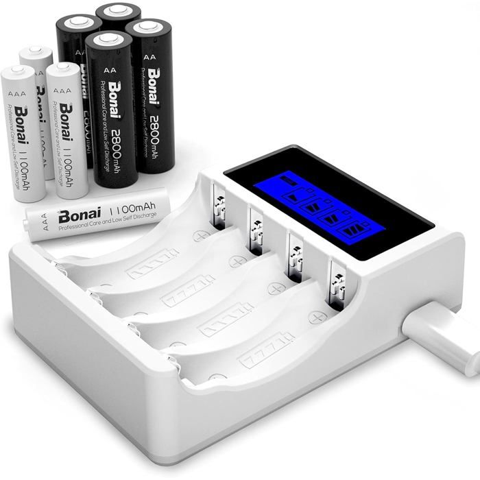 Chargeur de Piles Rechargeables AA/AAA, LCD 4 Slots Chargeur de Piles Rechargeables Rapide avec ...