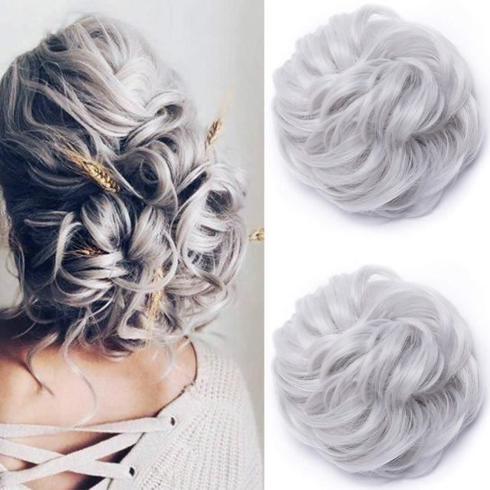 2 Pcs Chouchou Chignon Cheveux Synthétique Volume Epais - Gris Argenté ...