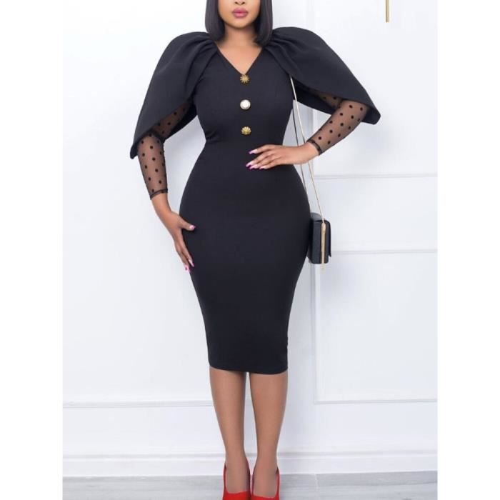 Femmes robe moulante mince col en V Patchwork maille manches taille ...