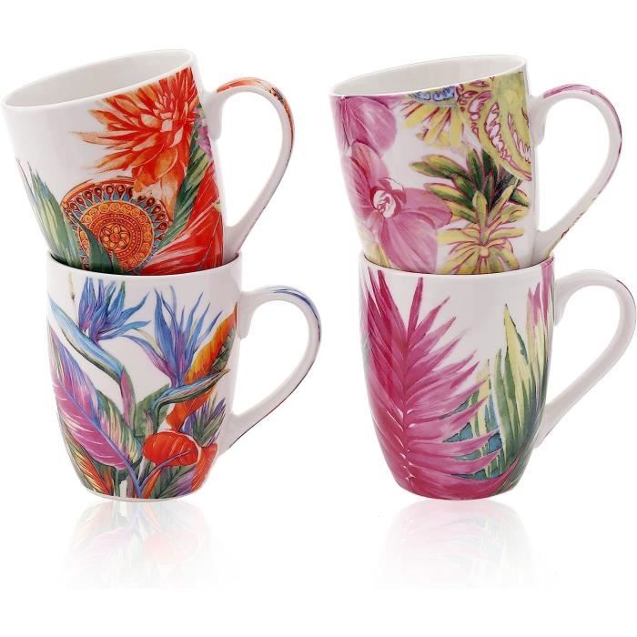 Flanacom Lot de 4 tasses à café florales - Grand mug de 300 ml au ...