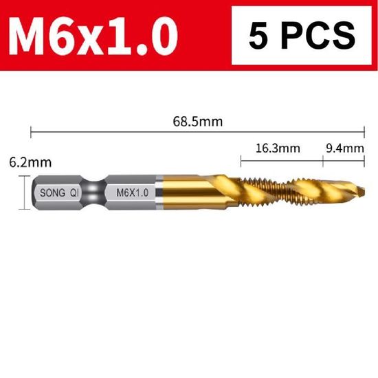 Tournevis,Tige hexagonale plaquée titane HSS,filetage de vis,forets à taraud métrique,composé de ...