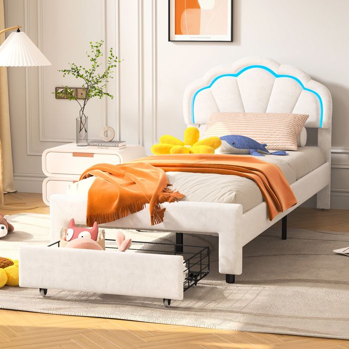 Lit Enfant 90x200 cm avec LED avec 1 Tiroir, Cadre de Lit avec Tête de ...