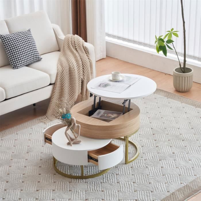 Table basse gigogne - Non spécifié - Réglable - 2 tiroirs - MDF - Blanc ...