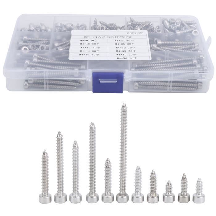 EBTOOLS kit d'assortiment de vis 270pcs vis autotaraudeuse 304 en acier inoxydable M4 à six pans ...