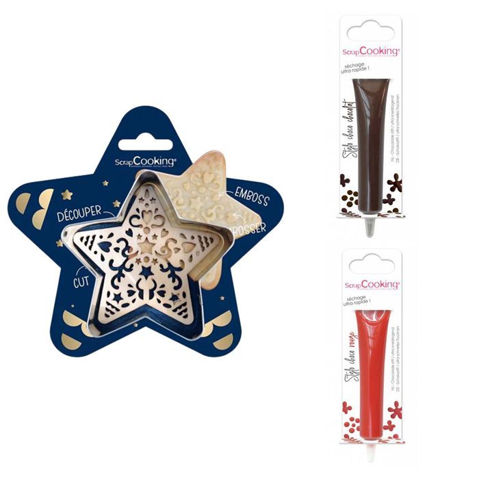 Kit pour biscuit en relief Étoile + 2 Stylos au chocolat marron et ...