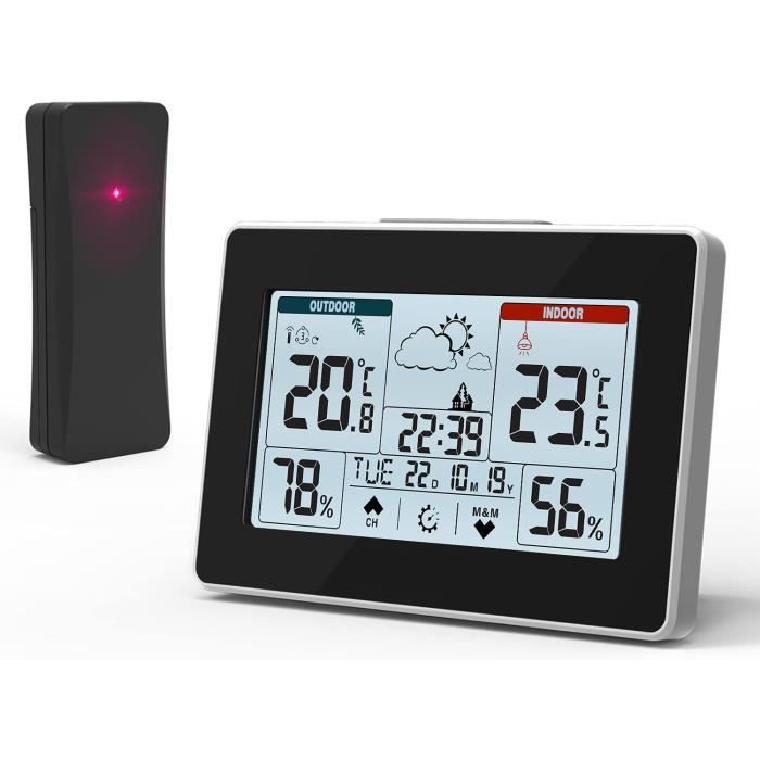 Station Météo Thermomètre Hygromètre Intérieur Extérieur sans Fil avec Capteur LED Ecran Tactile ...