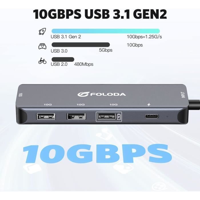 Hub Usb C 5 Prot, 3.1 Gen 2 - Adaptateur Usb C 10 Gbit-S - Données Pd 3 ...
