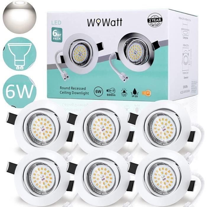 Spot LED Encastrable Blanc 6W Wowatt 6 Spots Encastrables GU10 Blanc Froid 6000K Equivaut 50W ...