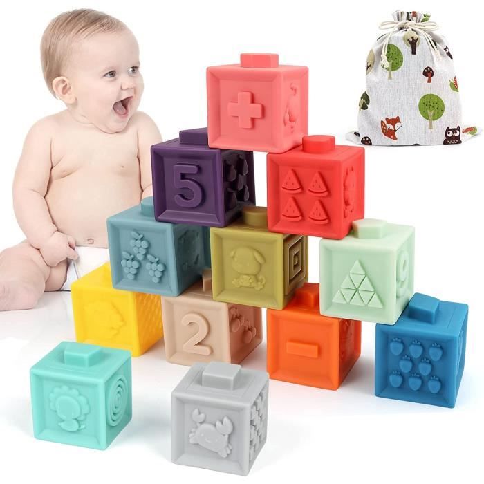 12 pièces blocs de cube sensoriels empilables doux, jouets à presser ...