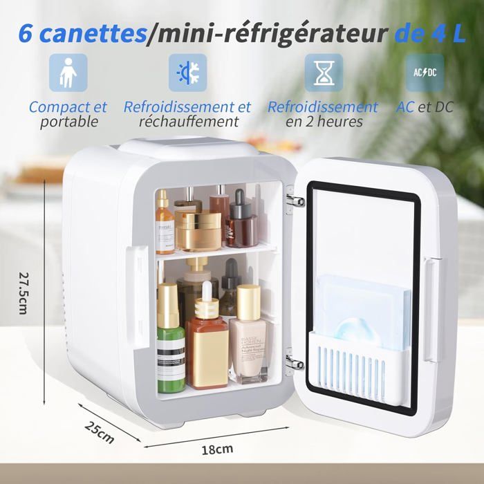 Mini Frigo pour Chambre-avec Miroir LED- AC-220V DC 12V -4L Petit Frigo ...