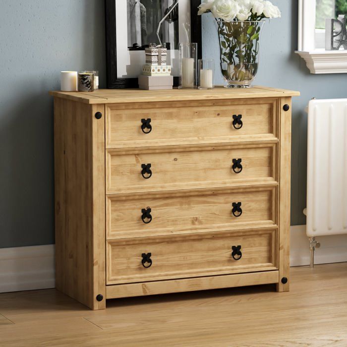 Commode rustique Corona en pin massif avec 4 tiroirs, finition cirée ...