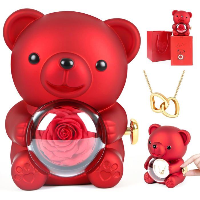 Eternal Rose Bear with Heart Necklace,Eternal Pink Bear Gift Box with ...