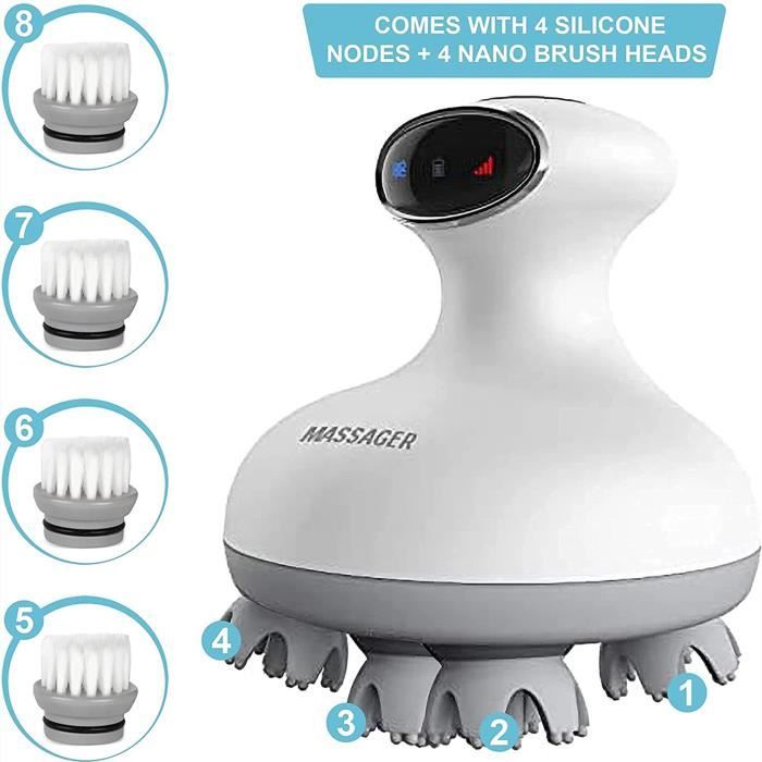 Masseur de cuir chevelu avec 4 brosses amovibles, grattoir de tête avec ...