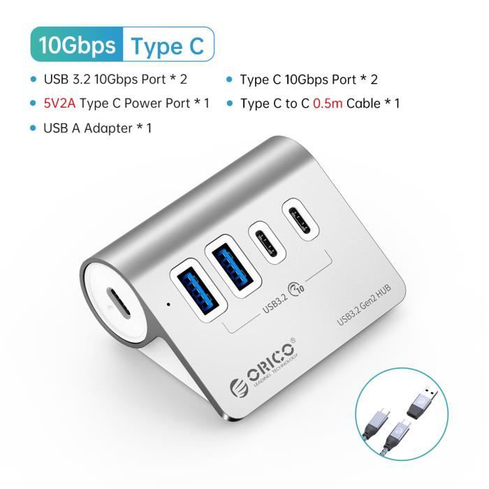 USB Type C 10 Gb-s - Station'accueil USB HUB 10Gbps, séparateur de Type C avec adaptateur ...