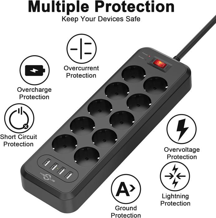 Multiprise Electrique 4000W avec 10 Prises et 4 Ports USB (2.4A), 2M ...