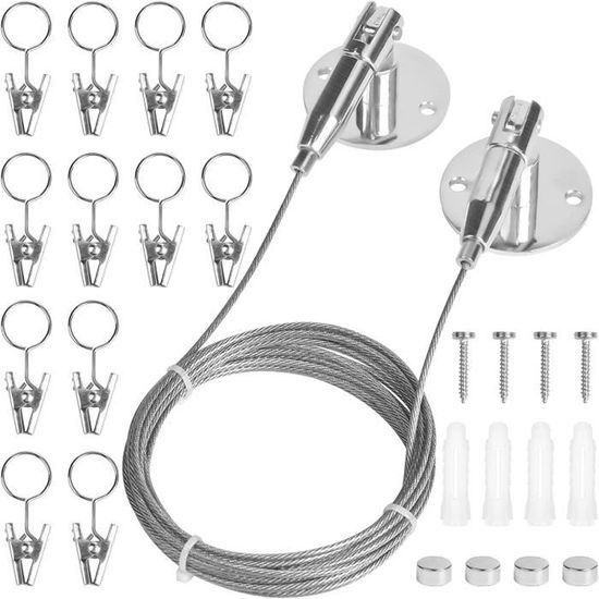 Tringle à Rideaux avec 12 clips, 3 Mètres Kit de Câble en Acier pour ...