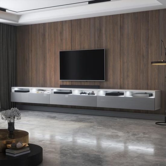 Meuble TV - REDNAW - 300 cm - blanc mat / gris brillant - 6 niches ...