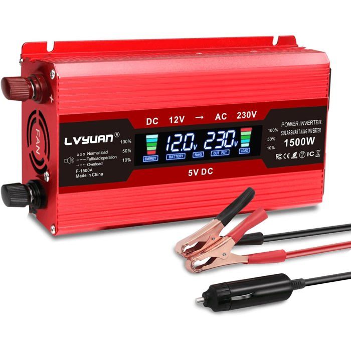 LVYUAN Convertisseur 12V 220V 230V 1500W DC à AC convertisseur de Puissance Voiture Onduleur ...