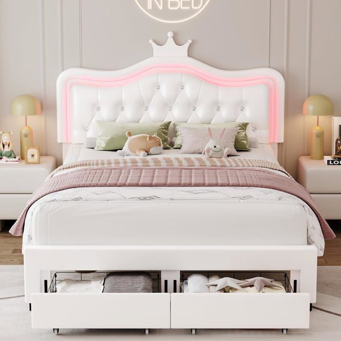 Lit 2 place enfant fille 140x200 avec LED, tête couronne réglable ...
