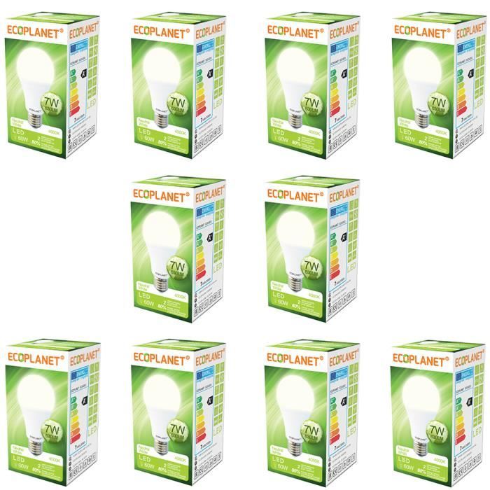 ECOPLANET Lot de 10 Ampoules LED A60 7W (60W) E27, 175-265V, 630LM, Blanc Neutre 4000K, Mat ...