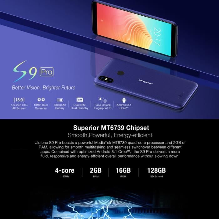 Ulefone S9 Pro Smartphone téléphone 5.5" 2+16G Android 8.1 Double SIM Carte - empreinte digitale ...