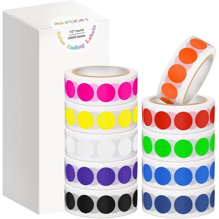 Lot de 10 000 étiquettes rondes de 1,27 cm, 10 couleurs assorties pour ...